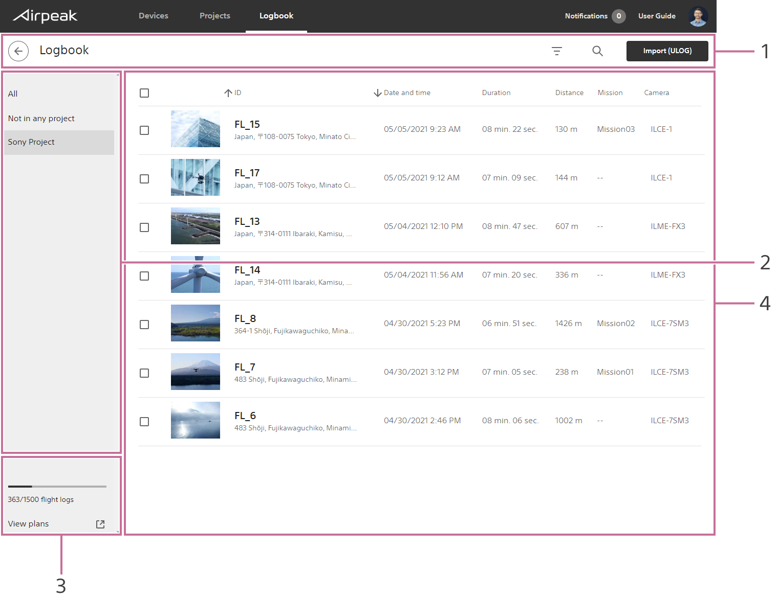 Viewing flight logs | Airpeak Base User Guide